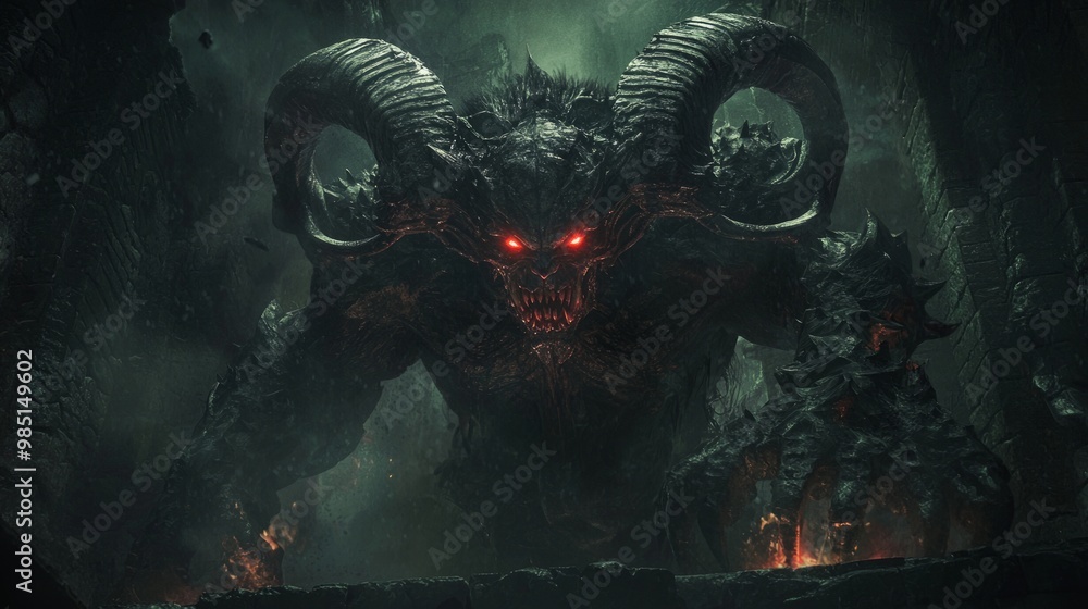 Malevolent Demon Lord in Dark Lair with Glowing Red Eyes and Twisted ...