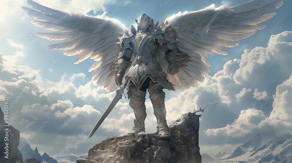 Majestic angel in armor stands atop mountain, wings outstretched ...