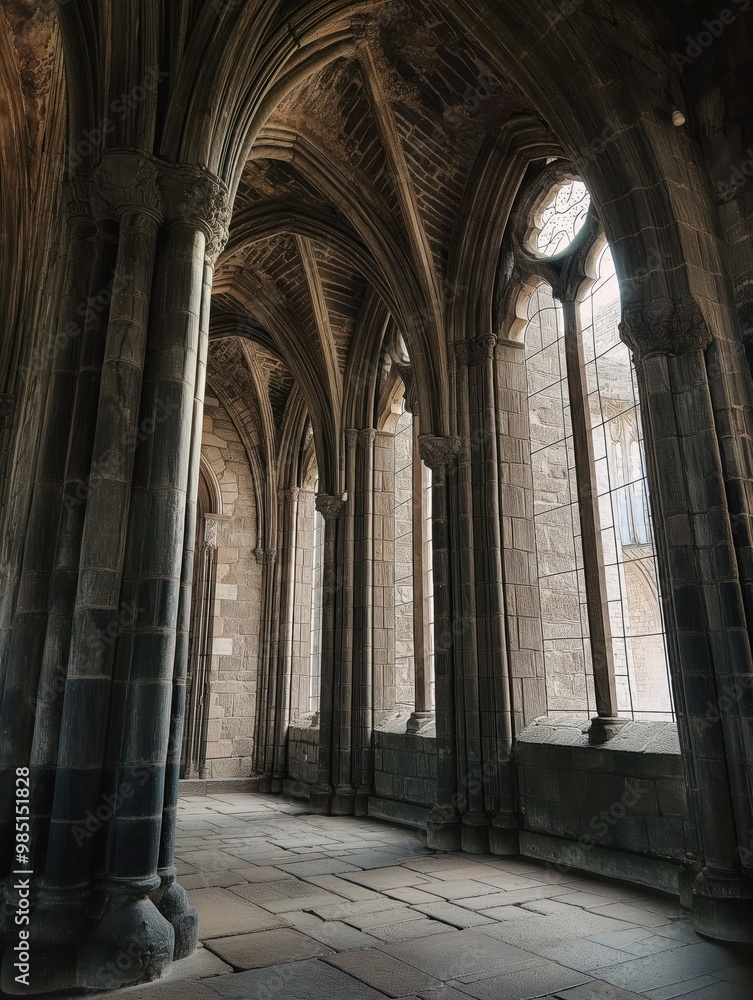 Interior of ancient stone cathedral with pillars, arches, large windows ...