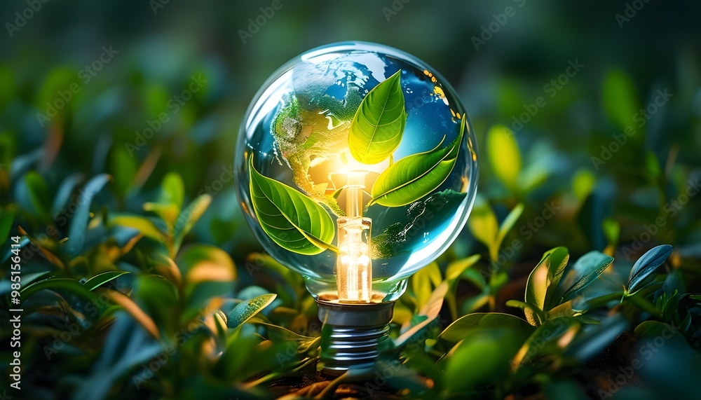 Glow of ecoinnovation: a light bulb in a glass globe amidst vibrant ...