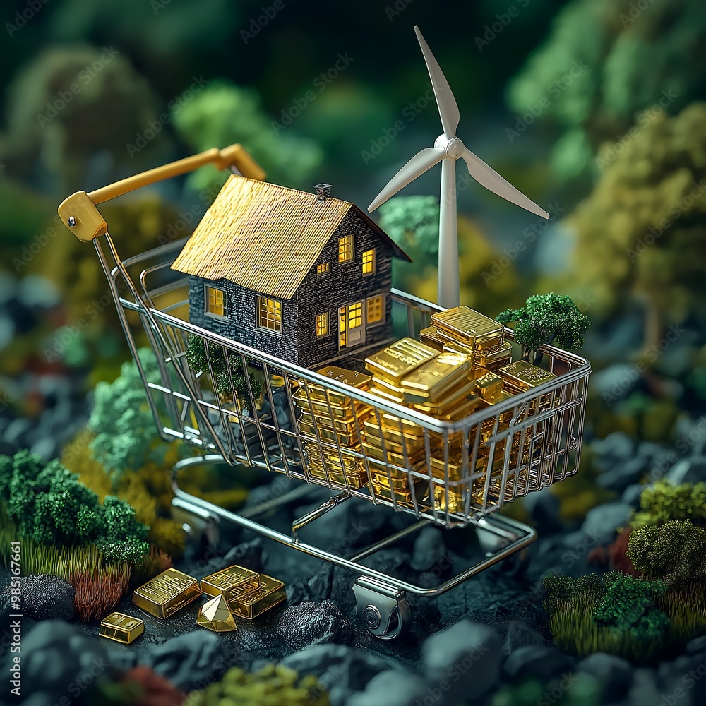 Bunch of different real world assets are in a supermarket cart. wind ...