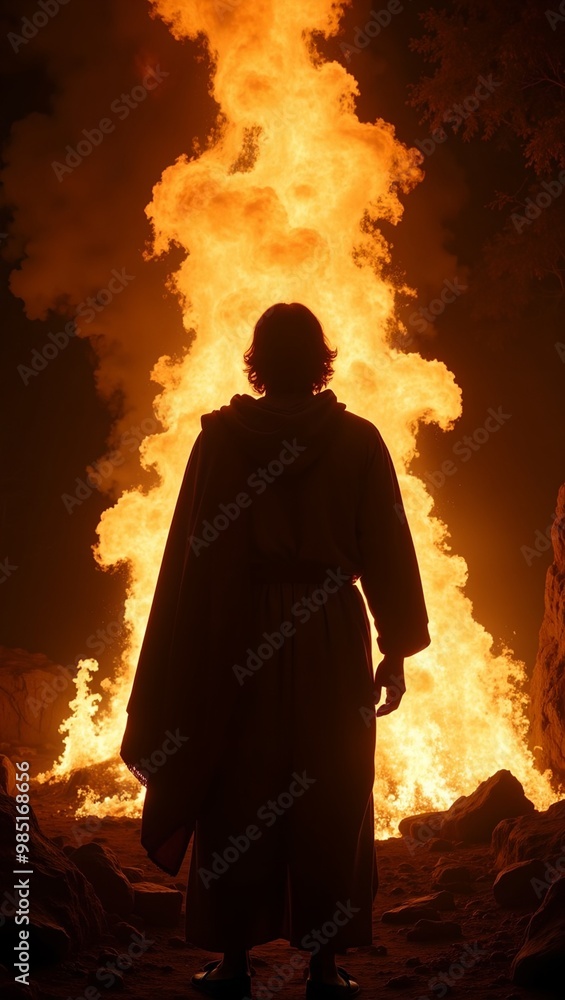 Dramatic lighting highlights Moses by the burning bush in an old style ...