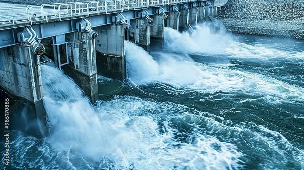 Water rushing over a dam with concrete spillway and a railing above ...