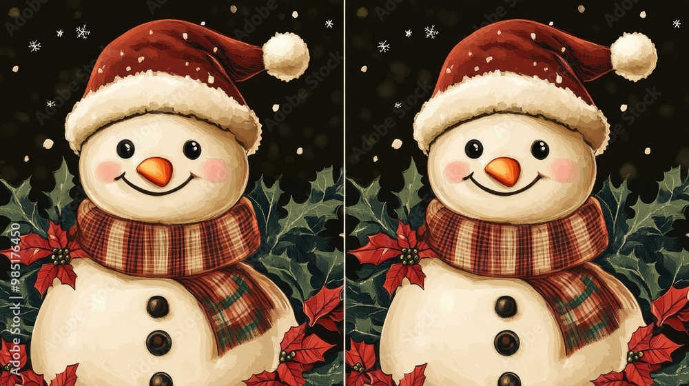 A smiling snowman wearing a red hat and scarf is depicted twice in this ...