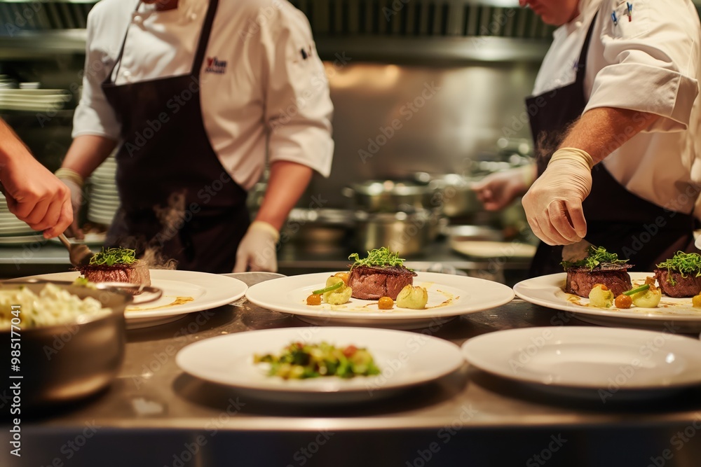 Chefs prepare fine dinner in London kitchen. Professional cooks chop ...