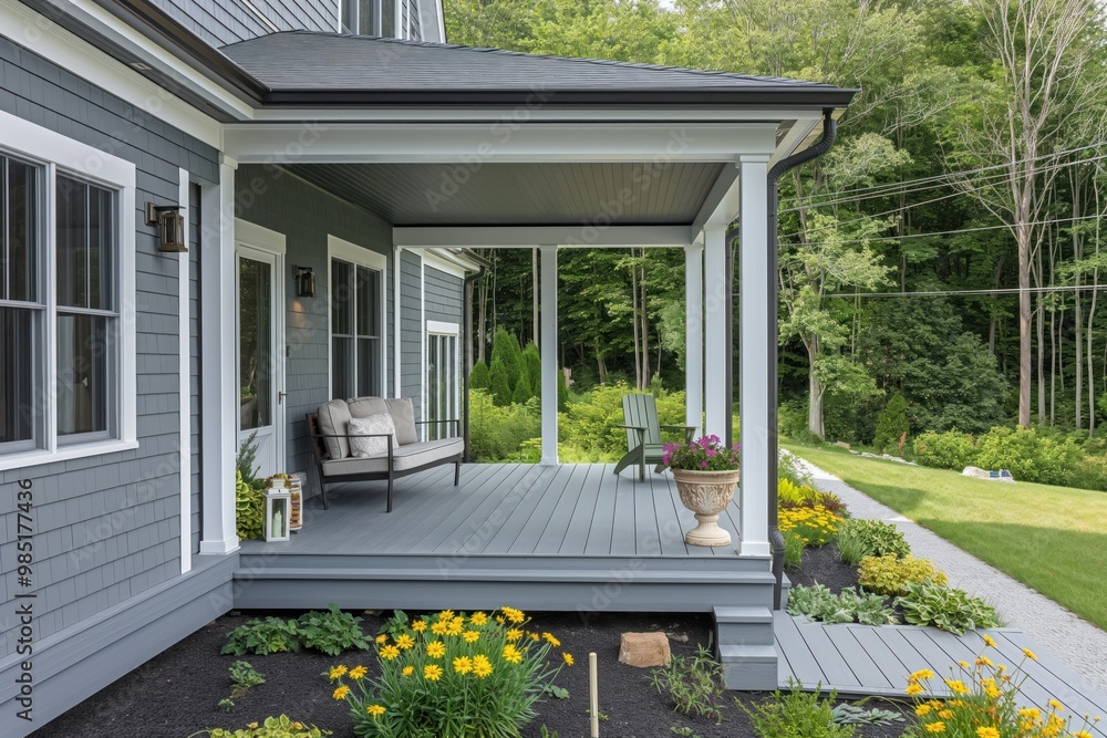 Modern colonial home exterior features a beautiful gray porch with a ...