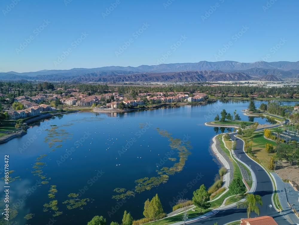 Aerial shot of Harveston Lake Park in Temecula, California. Lake and ...