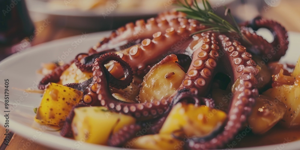 Aerial view of a mouthwatering octopus dish presented on a layer of ...