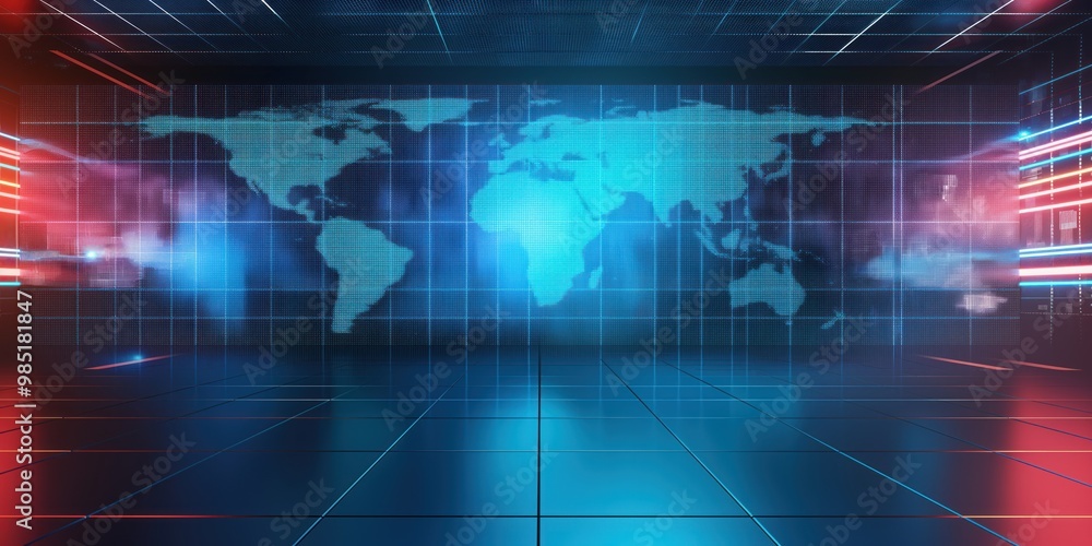 Abstract 3D graphical background with world map in modern studio space ...