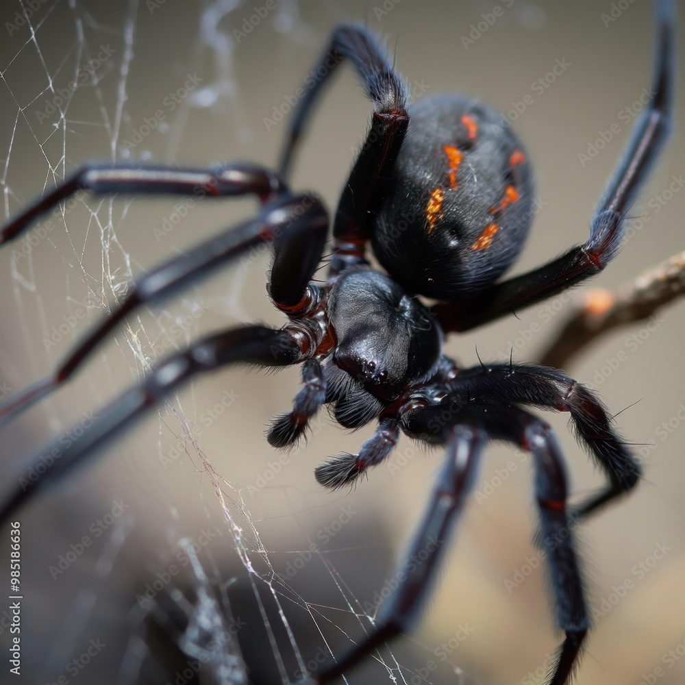 Black widow spider sits on a complex spider web in close-up. Dark red ...