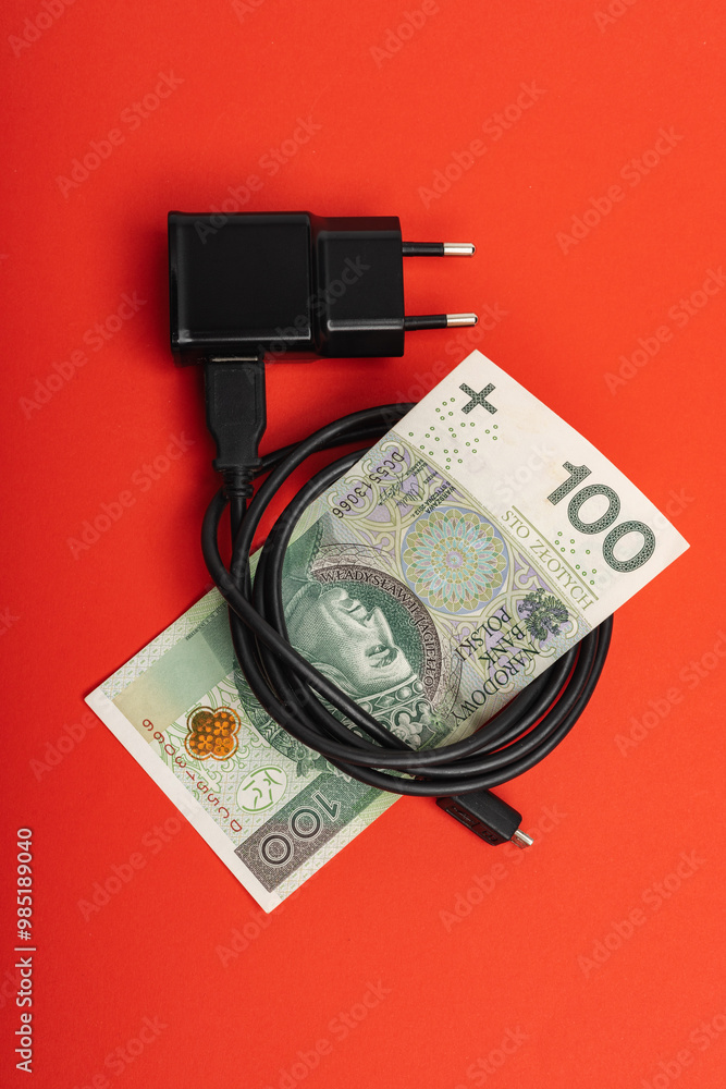 Charger with USB cable on a red background, in a loop 100 PLN banknote ...
