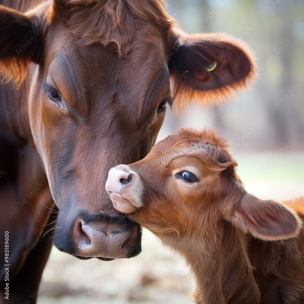 Mother cow tenderly cares for her adorable baby calf in a rich green ...