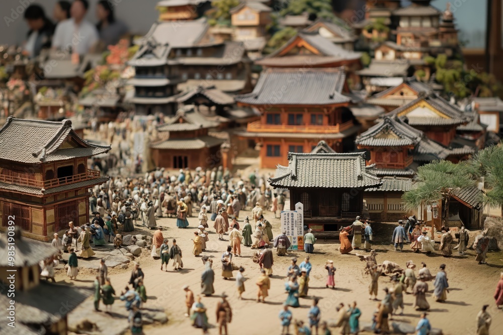 Miniature sculptures of a traditional Japanese cityscape from the Edo ...