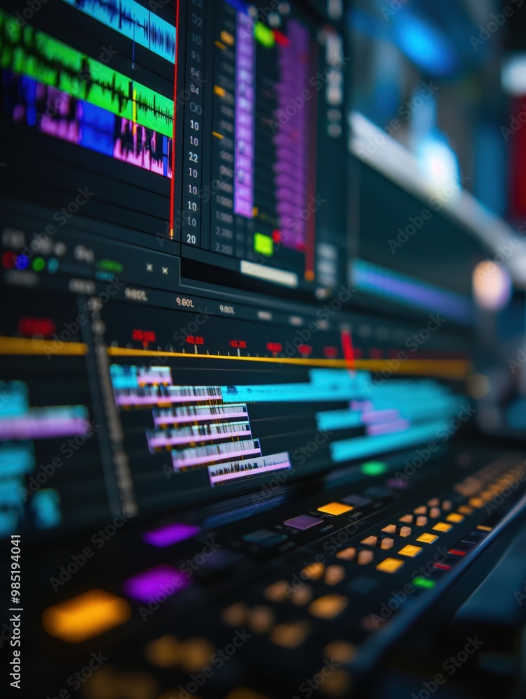 Vertical computer screen showing professional video editing software timeline. Colours vibrant ...