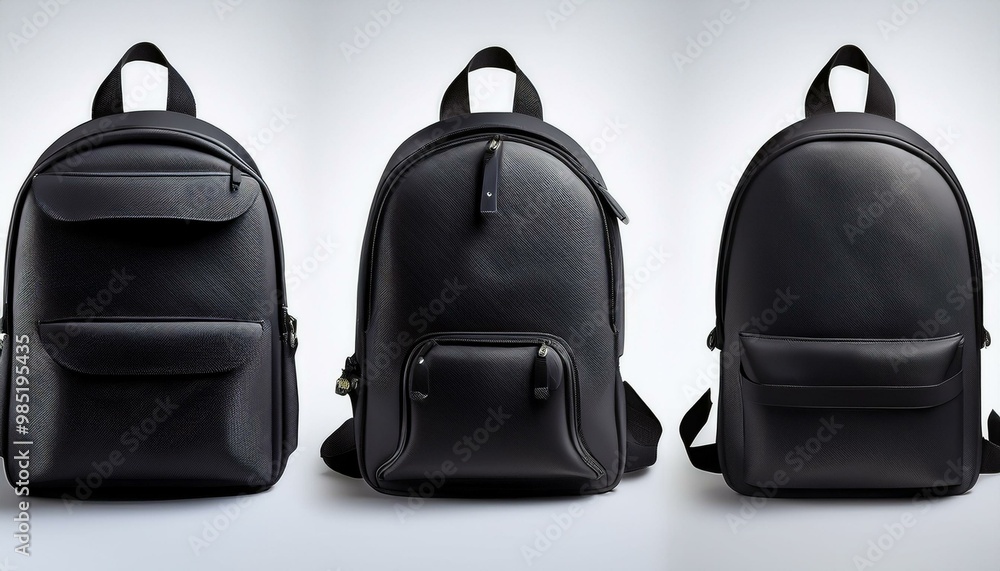 Realistic mockups of a black backpack, shown from various angles ...