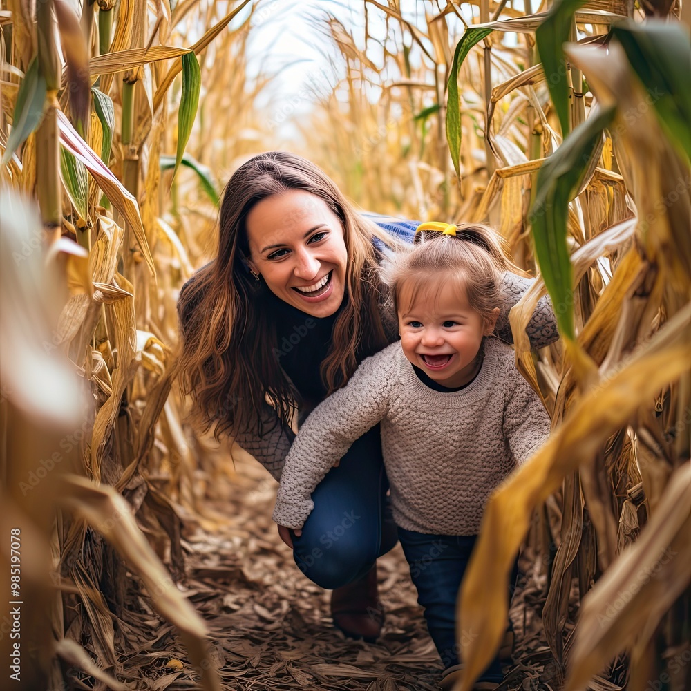 Mother and her child navigating through a tall corn maze, laughing as ...