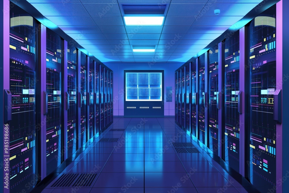 Server room interior in data center with rows of rack-mounted servers ...