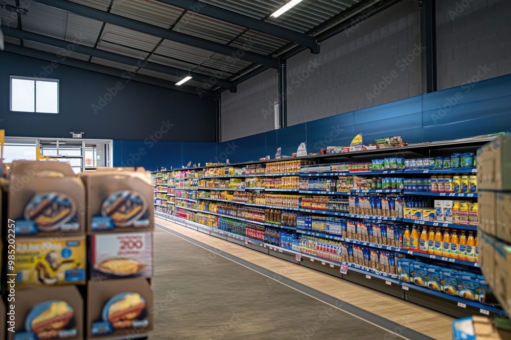 Grocery store aisle in supermarket, Ramsgate, UK. Blue wall divides ...