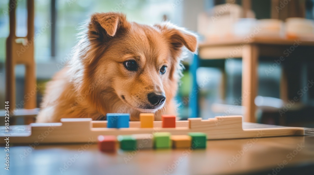 An inviting classroom with a cute dog sorting colorful wooden blocks by ...