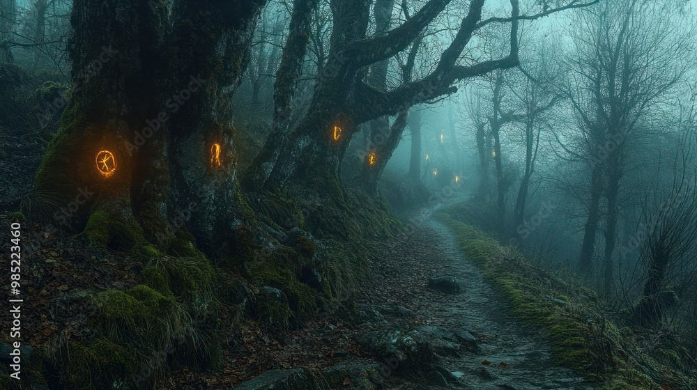 A dark, misty forest with twisted, gnarled trees, where eerie shadows ...