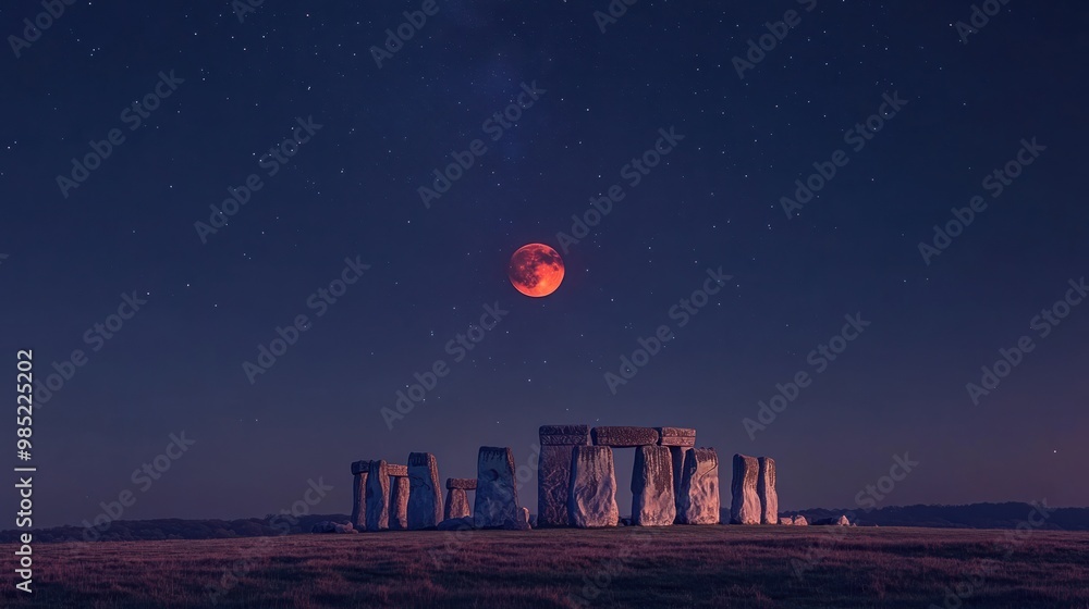 A Stonehenge during a lunar eclipse, with the darkened moon casting a ...