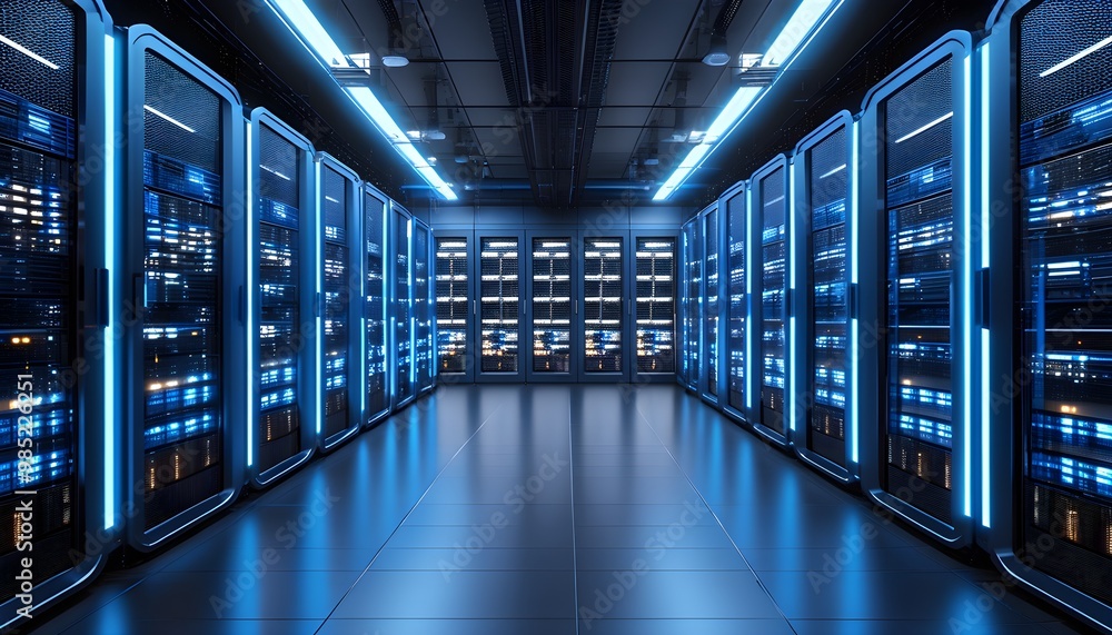 Futuristic server room with glowing blue lights and sleek rows of ...
