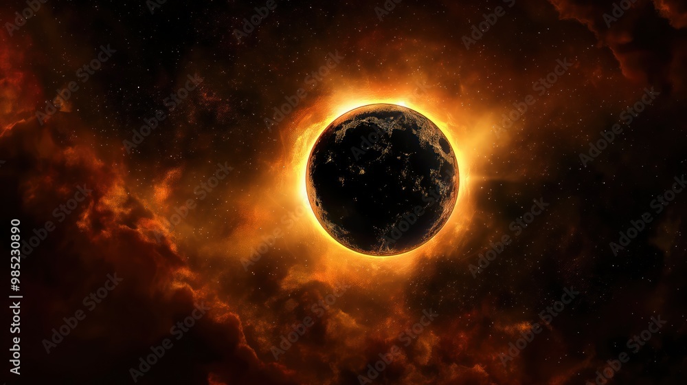 generated illustration of total solar eclipse. Dark sky with bright ...