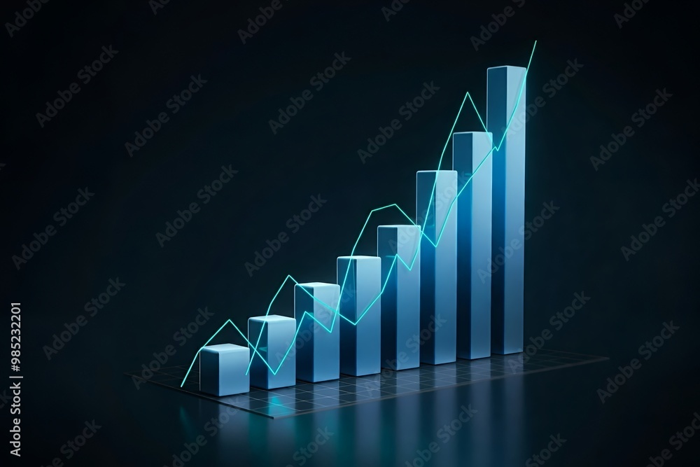 A digital 3D bar graph on a dark background, showing upward growth ...