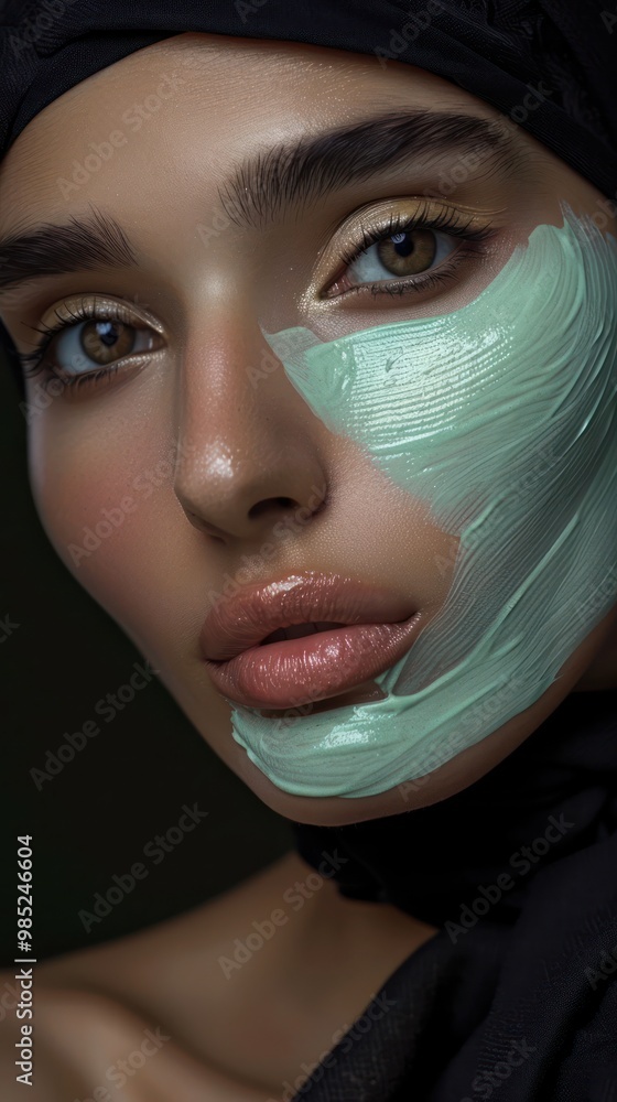 Arabic model woman applies green cream on face in beauty studio. Wears ...