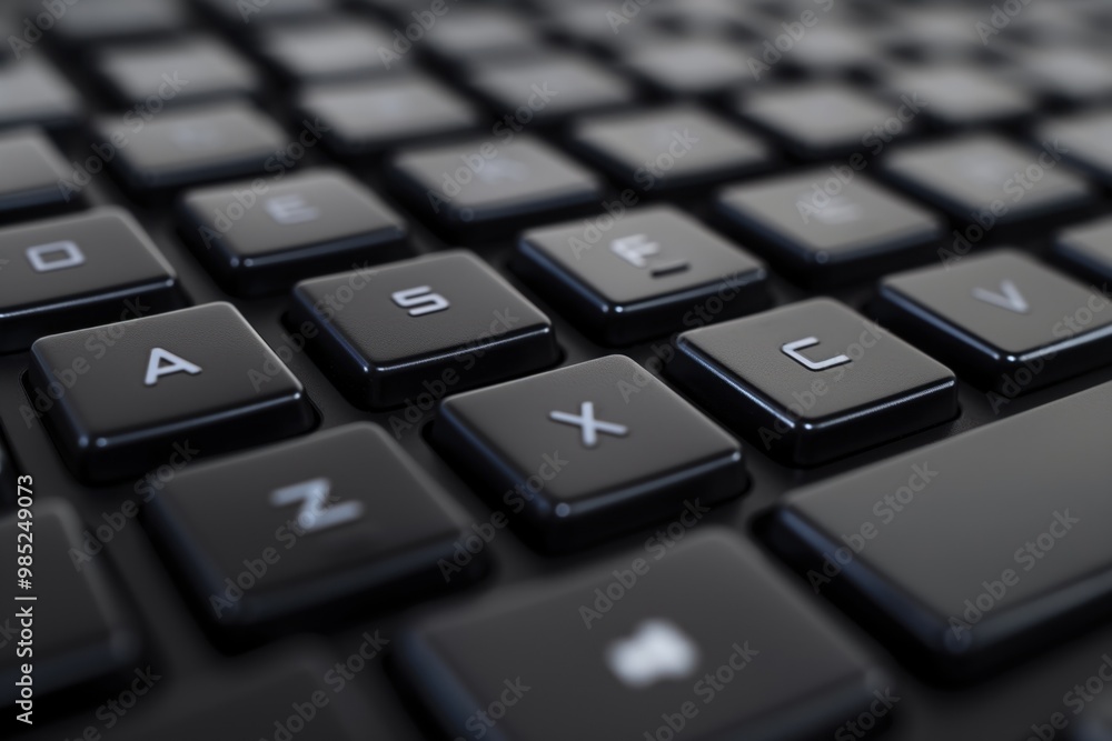 Close-up of black keyboard with grid-like pattern of keys. Top row ...