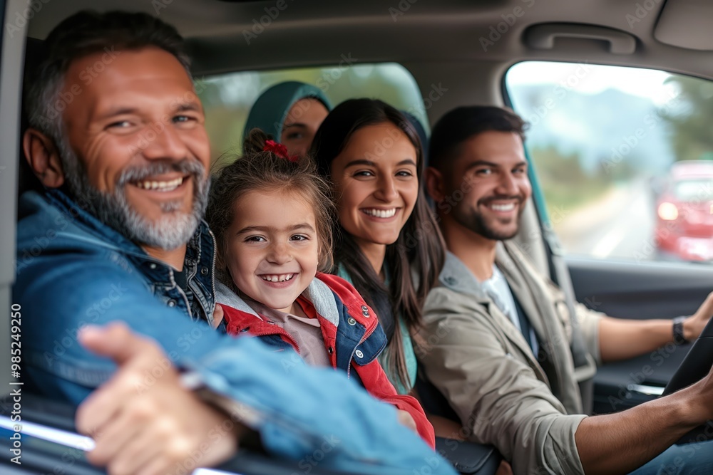 Happy family on road trip in car. Father drives, children laugh, mother ...