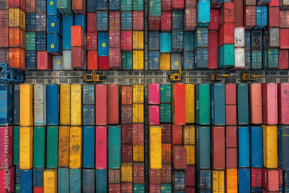 Wall of various colorful, weathered shipping containers stacked tightly ...
