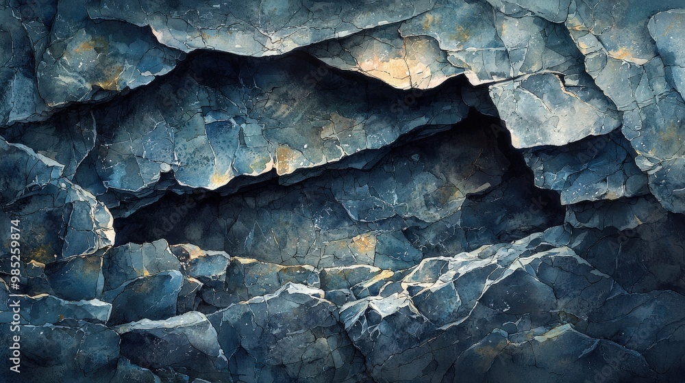 A dark, textured rock surface with deep, uneven crevices serves as a ...
