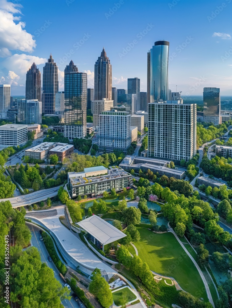 Vertical drone shot of Downtown Atlanta cityscape with modern ...