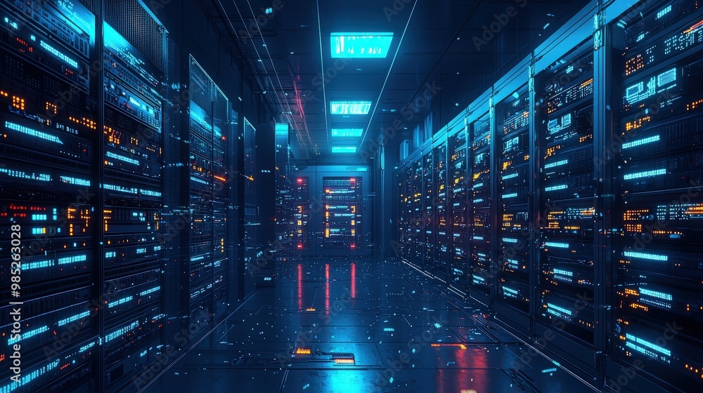 A comprehensive view of a cutting-edge data center, with server racks ...