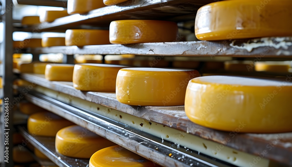 Artisan cheese wheels being crafted in a bustling food processing plant ...