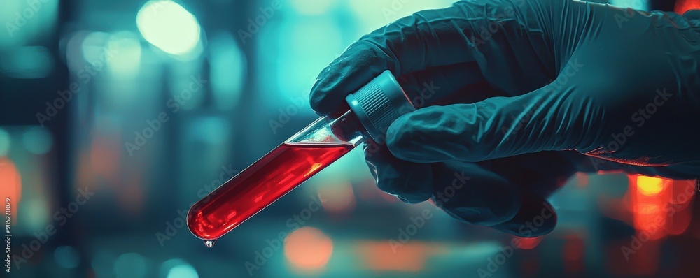 Hand holding a vial of blood after drawing a sample for testing, blood ...