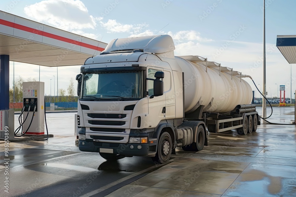 White fuel tanker truck connected to underground tanks at a modern ...