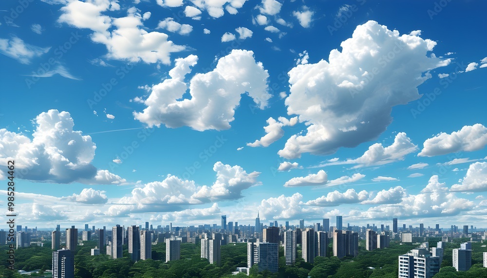 serene cityscape featuring high-rise buildings under a calming sky with ...