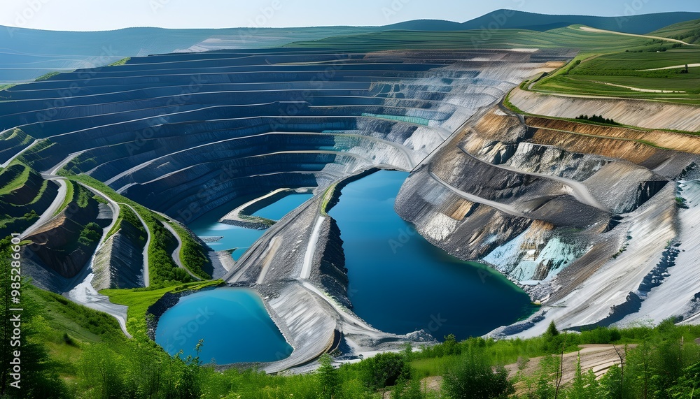 Enormous open-pit mine with winding terraces, deep blue water pools ...