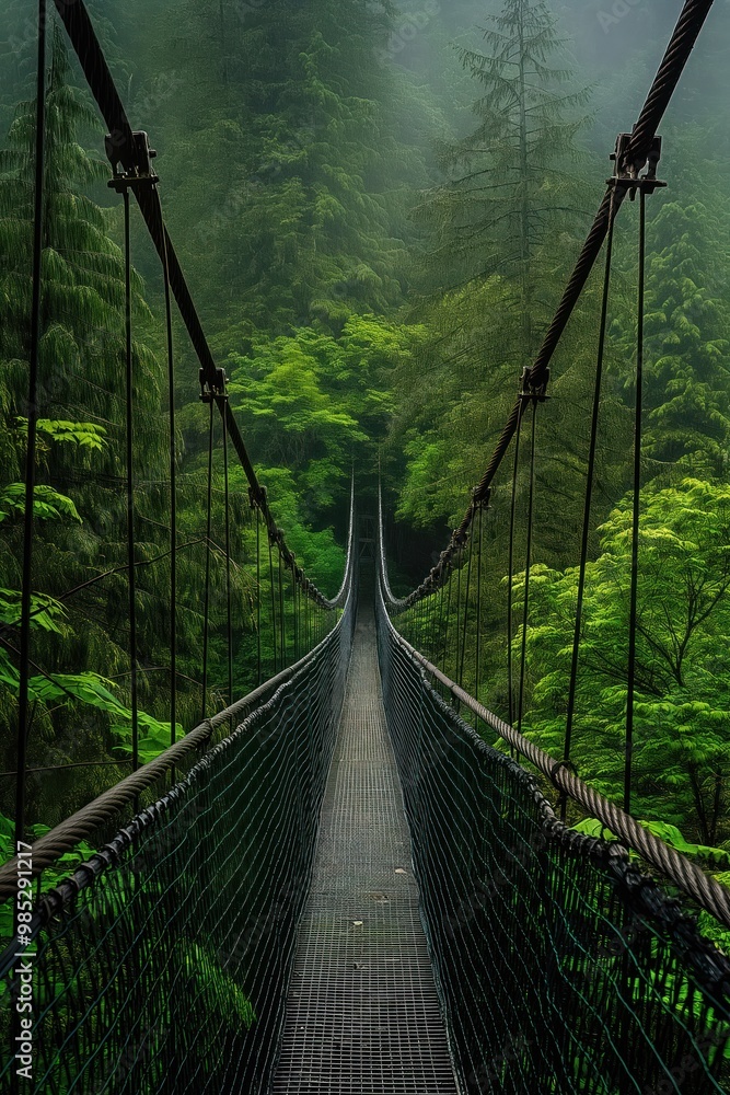 Suspension bridge spans across dense forest in British Columbia. Rich ...