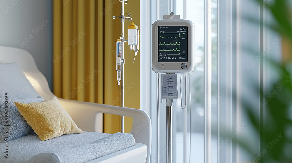 Infusion pump attached to an IV stand administering medication Stock ...