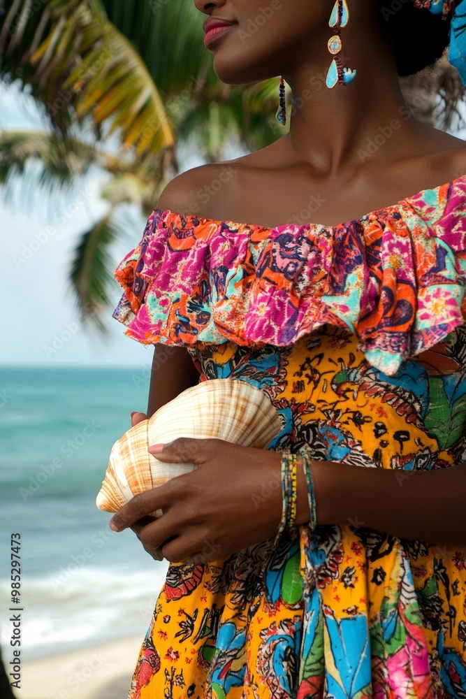 Close-Up Half body of a Belizean woman in a Garifuna dress, holding a ...