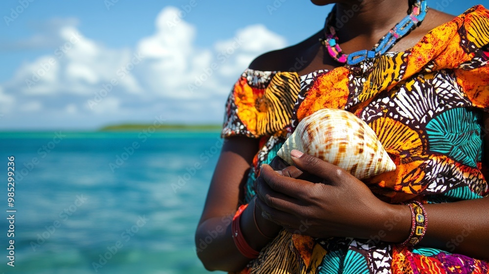 Close-Up Half body of a Belizean woman in Garifuna dress, holding a shell, with the Belize ...