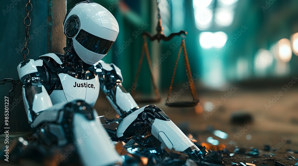 Futuristic humanoid robot bound by chains to a pillar named "Justice ...