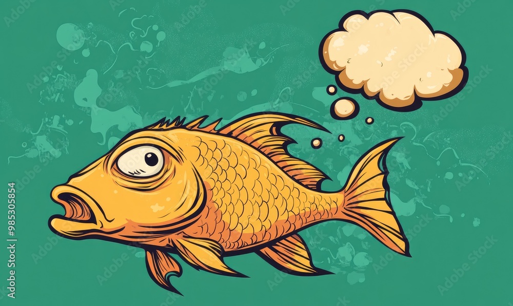 Cartoon illustration of a smelly fish with a thought bubble in a line ...