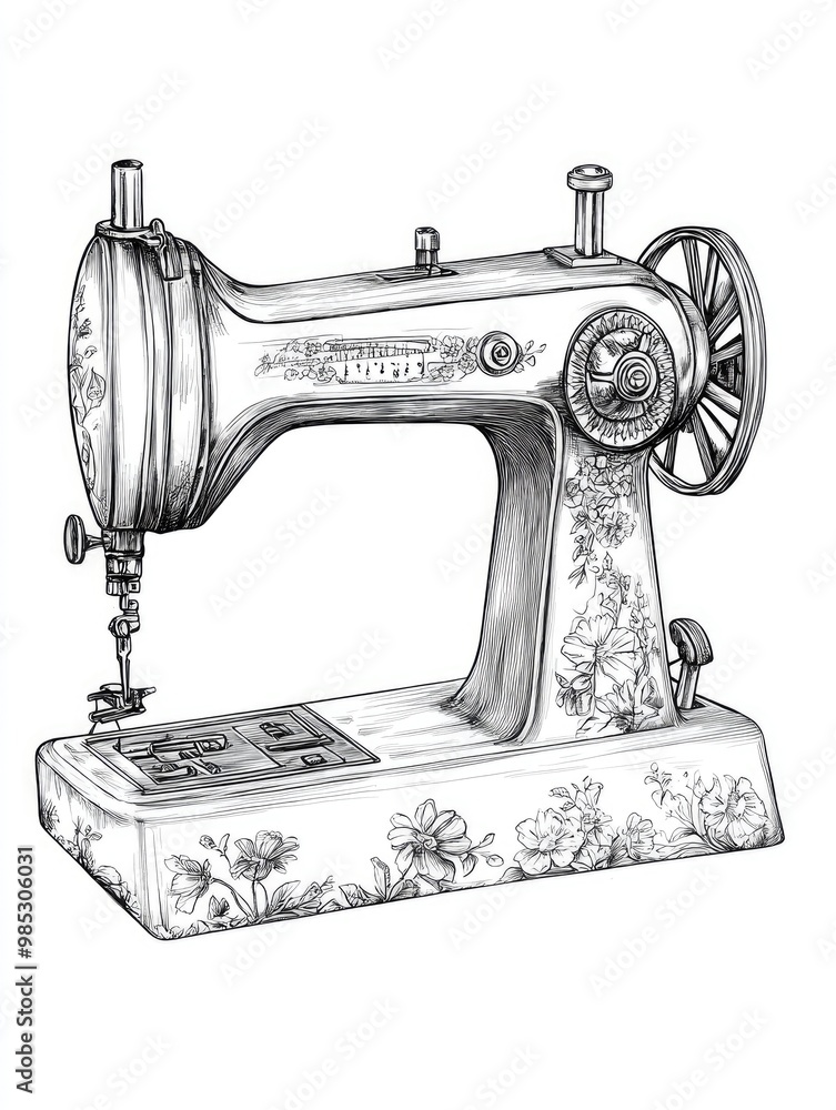 Line art illustration of a vintage sewing machine in a detailed line ...