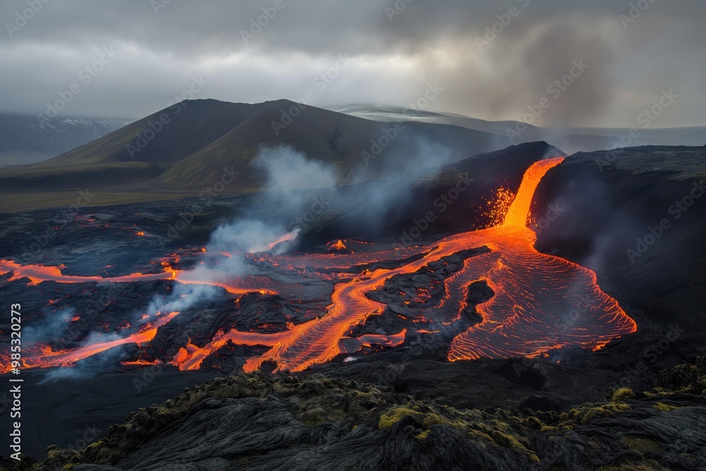 Lava flow in Fagradalsfjall volcano, Iceland. Magma emerges from ...