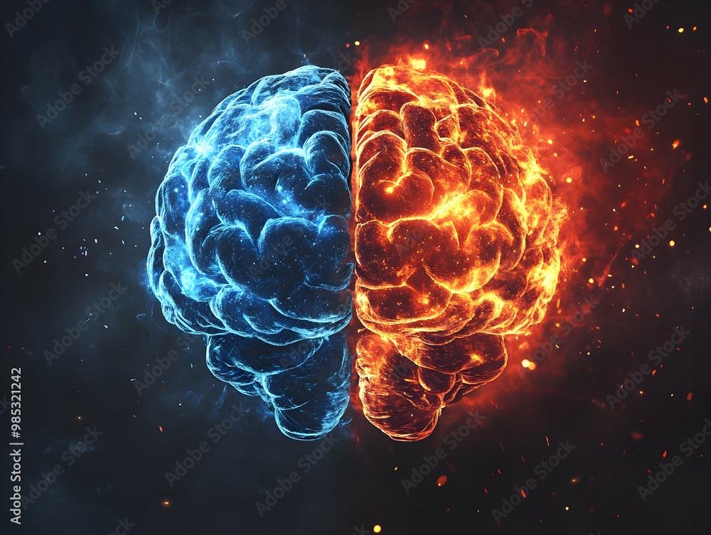 Anatomical brain illustration split in half, one side electric blue ...