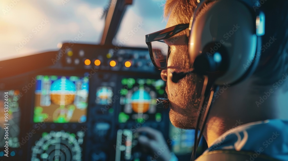 Pilot wearing headset, intently observing flight simulator screen with ...